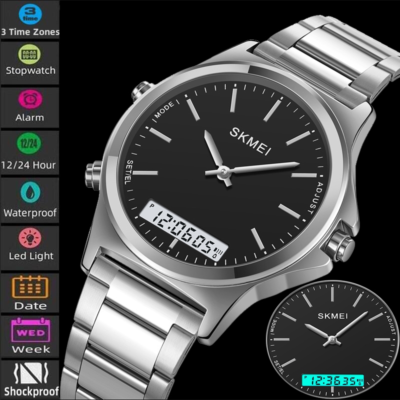 Skmei Three Time Zones Quartz Watch for Man Luxury Stainless Steel ...