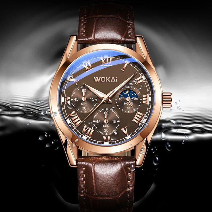 Wokai Watches Luxury Business Style Leather Strap Analog Quartz Men's ...