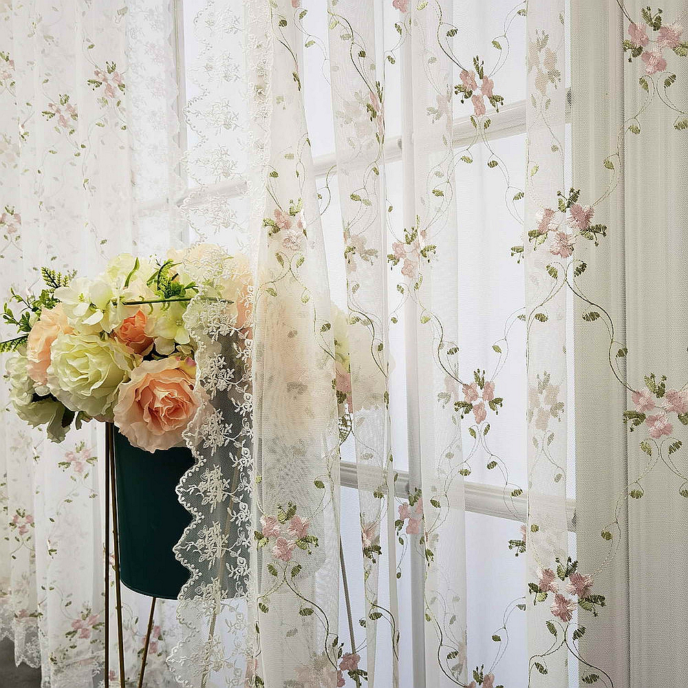Pink Flower Embroidery Sheer Curtains for Bedroom Girls Princess ...