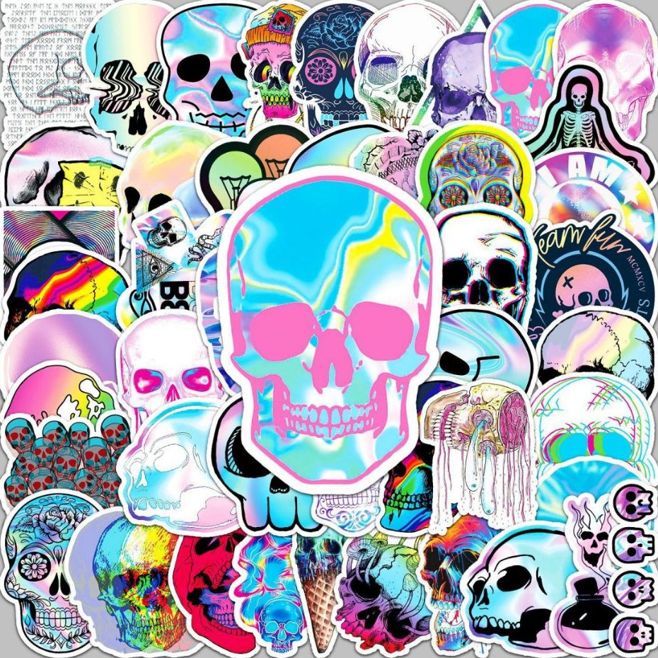 50 Piece Funny Laser Skull Head Cartoon Waterproof Sticker Phones ...