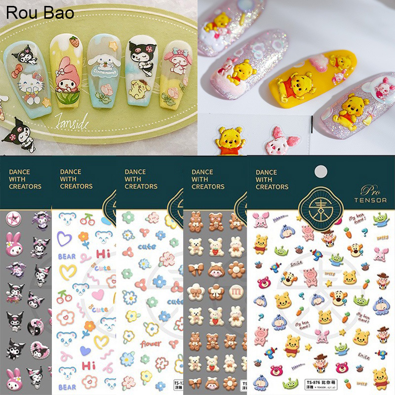 Rou Bao 5D Nail Embossed Stickers Cute Girly Sanrio Bear Rabbit Animal ...