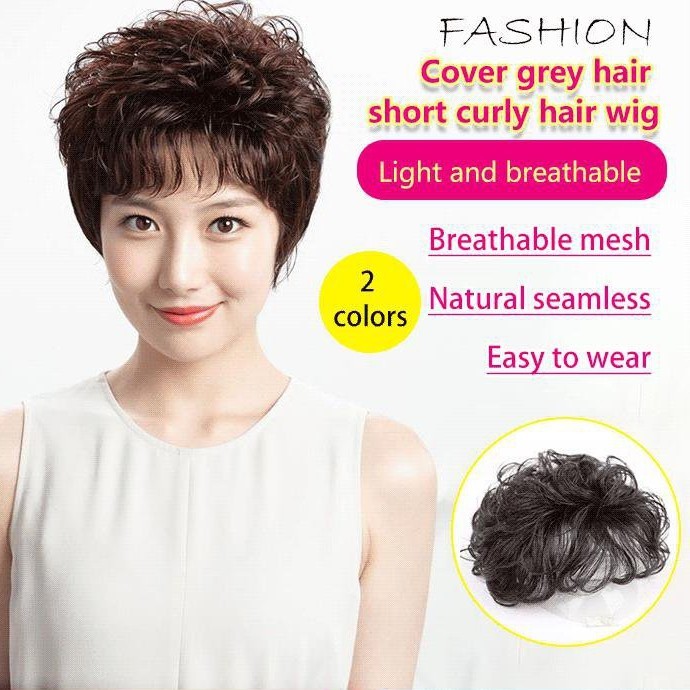 Womens Hair Replacement Piece Middle Aged Cover Gray Hair Piece Curly
