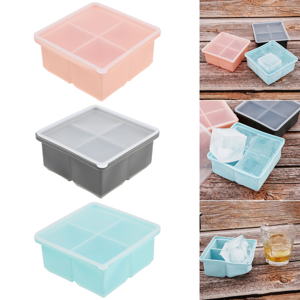 4 Grid Big Cube Jumbo Large Silicone Ice Cube with Sealing Cover Square ...