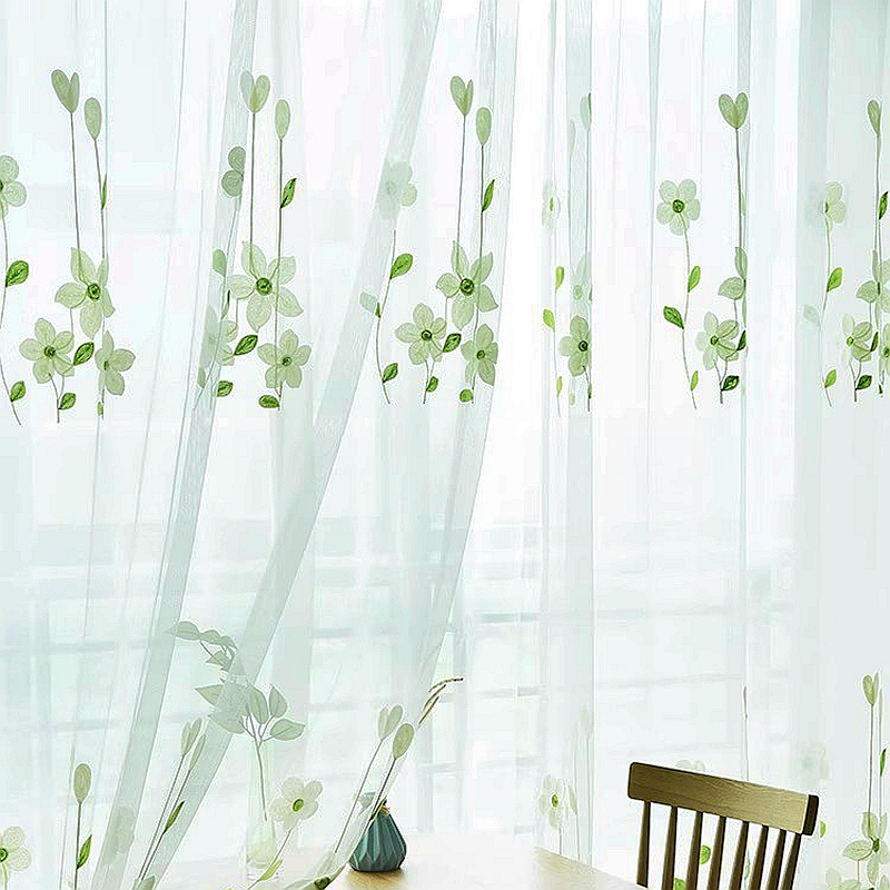 White Embroidered Sheer Curtains Floral Leaf Tile Semi Transparent ...