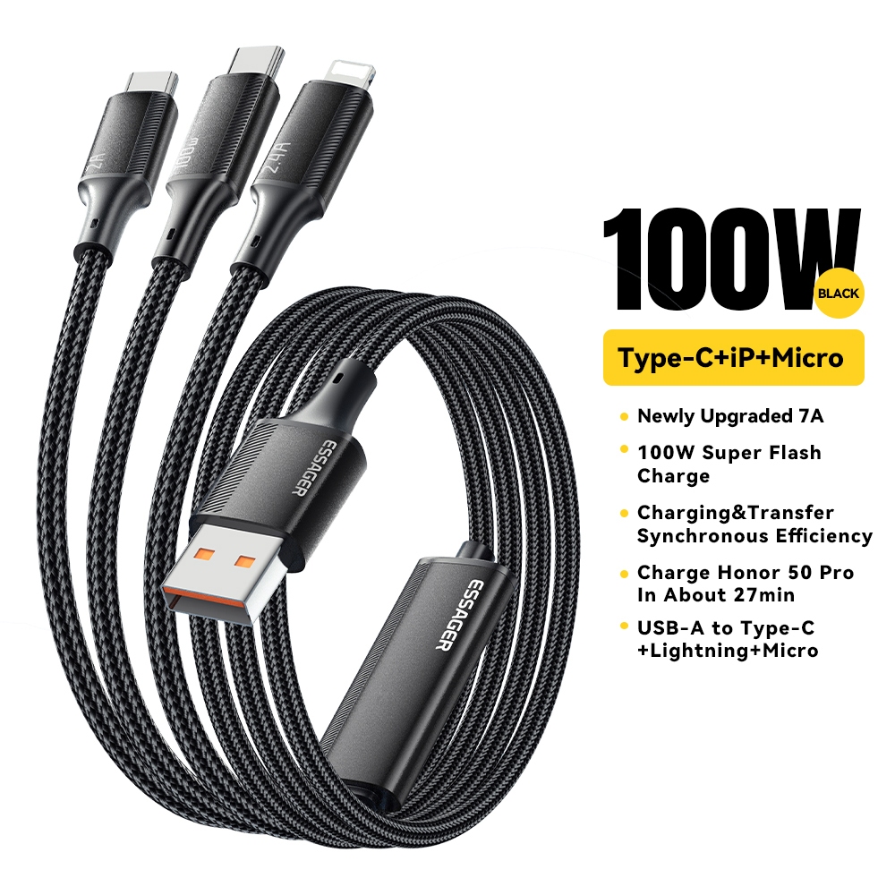 Essager 100W 3 IN 1 Fast Charging Data Cable Suitable For Type C Ports ...