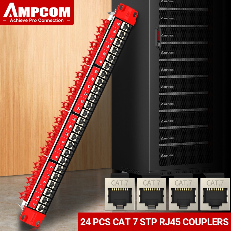 AMPCOM 24 Port Patch Panel, CAT7 RJ45 Coupler Shielded Thru Coupler ...