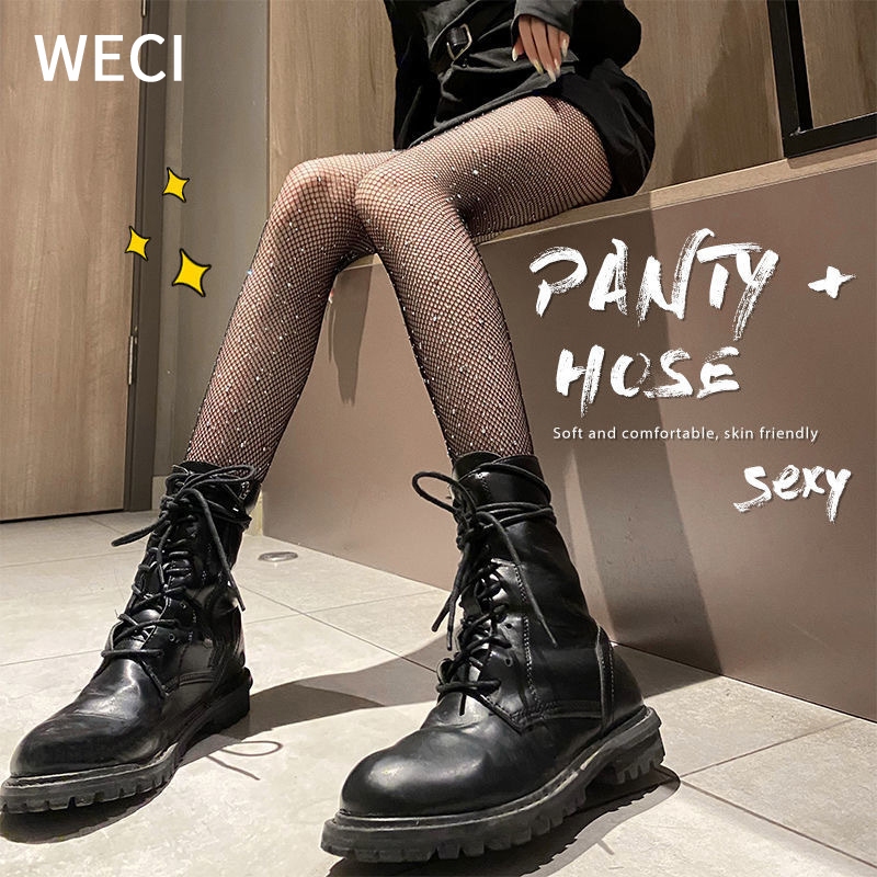 WECI Sexy Women's Fishnet Diamond Pantyhose Fashion Female Slim Shiny ...