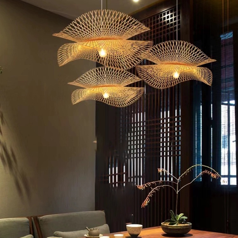 Japanese Retro Pendant Light Led Dining Table Droplights Bamboo Woven ...
