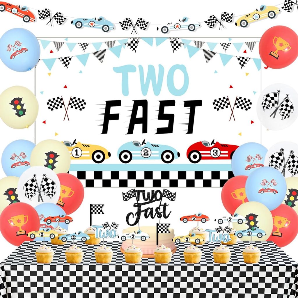 JOYMEMO Two Fast Birthday Decorations, Pastel Retro Race Car Birthday ...