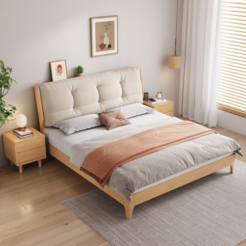 Bed Frame Solid Wood Light Luxury Cream Style Nordic Cloud Japanese ...