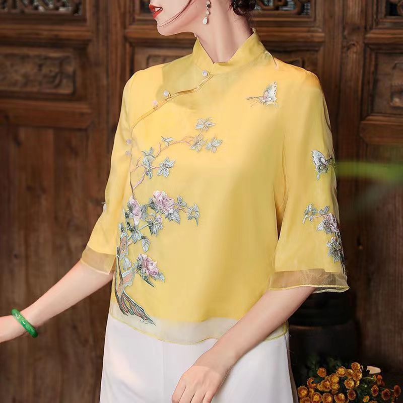 Elegant High-end Embroidery Floral Top Fashion New Chinese Style Plus ...