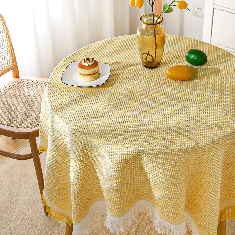 Waffle Yellow Cotton Tassel Tablecloth Coffee Table Round Table Bedside ...