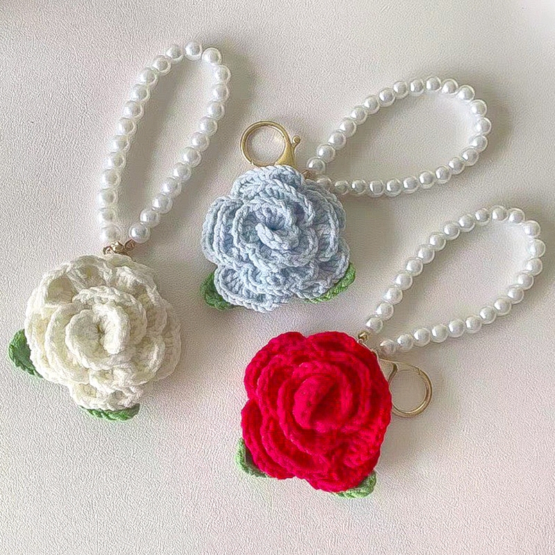 New Elegant Crochet Rose Camellia Flowers Keyrings Imitation Pearls ...