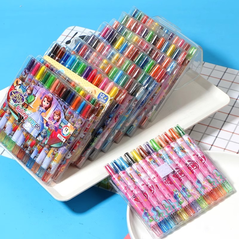 Children Cartoon Rotating Crayon Set 12 Colors Short/Long Student ...