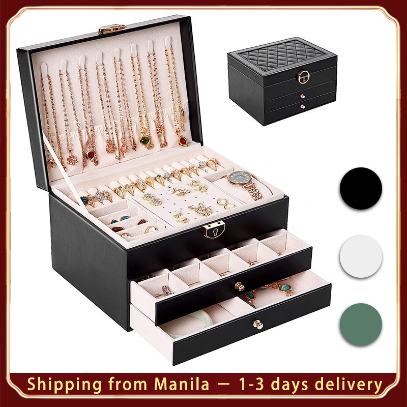 Jewellery Box With Lock Three Layers Large Capacity Leather Necklace ...