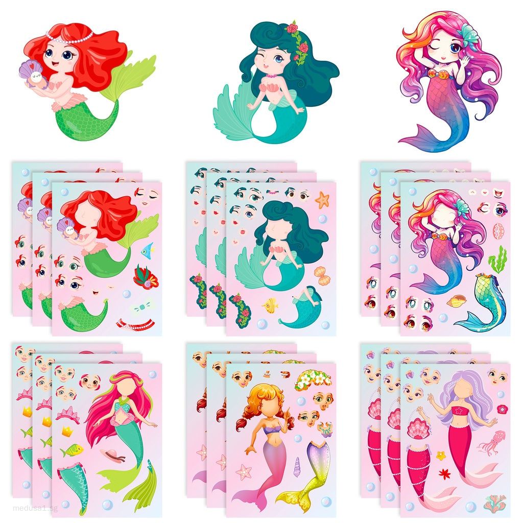 6PCS Cartoon Mermaid DIY Stickers Mermaid Princess Puzzle Stickers ...