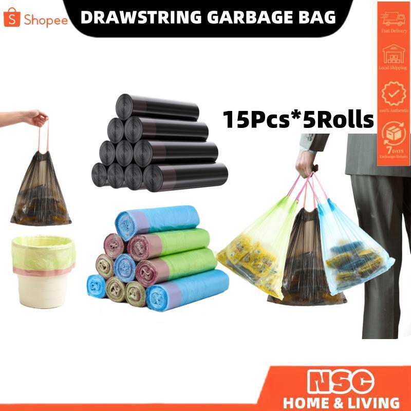 75 Pcs 5 Rolls Bin Liners Drawstring Garbage Bag/ Trash Bag/ Rubbish ...