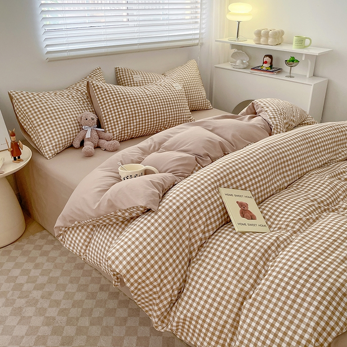 Ins Japanese Nordic Checkered Bed Pack Set Checkered Bed Sheet ...