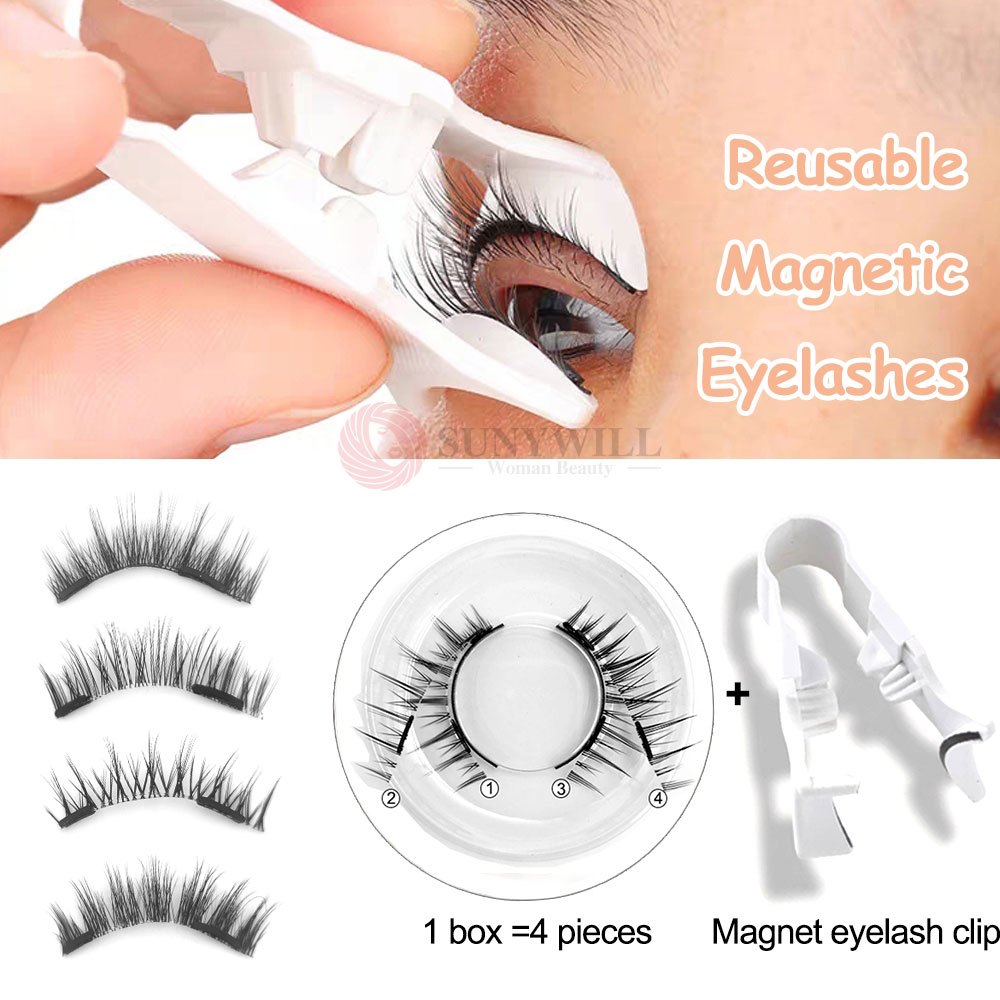 1 Pair Magnetic Eyelashes 4 pieces With Clip Reusable Natural False ...