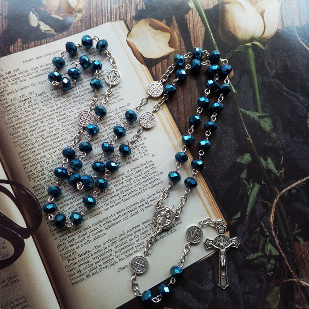 Blue Acrylic Crystal Prayer Beads Chain St.Benedict Medal Crucifix ...