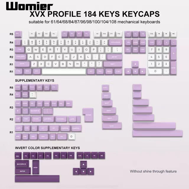WOMIER 189 Key PBT Double-shot Black Grey KDA Profile Keycaps Key Cap ...