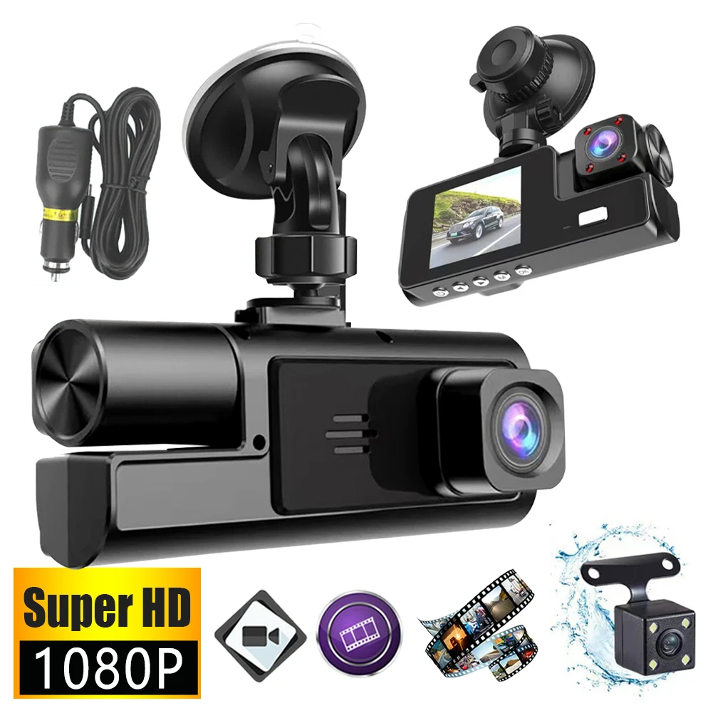 1080P Car Dash Cam 3 Cameras Front Cabin and Rear Driving Recorder DVR ...