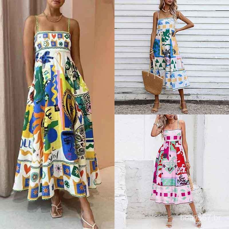 [Ships within 24 hours] 4 Colors 2024 Elegant Print Colorful Long Dress ...