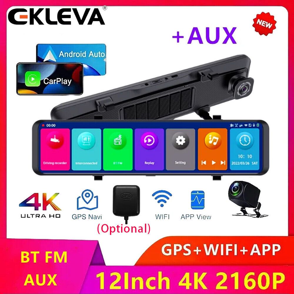 EKLEVA 12 Inch IPS Touch Screen 4K FHD Carplay Android Auto Car DVR ...