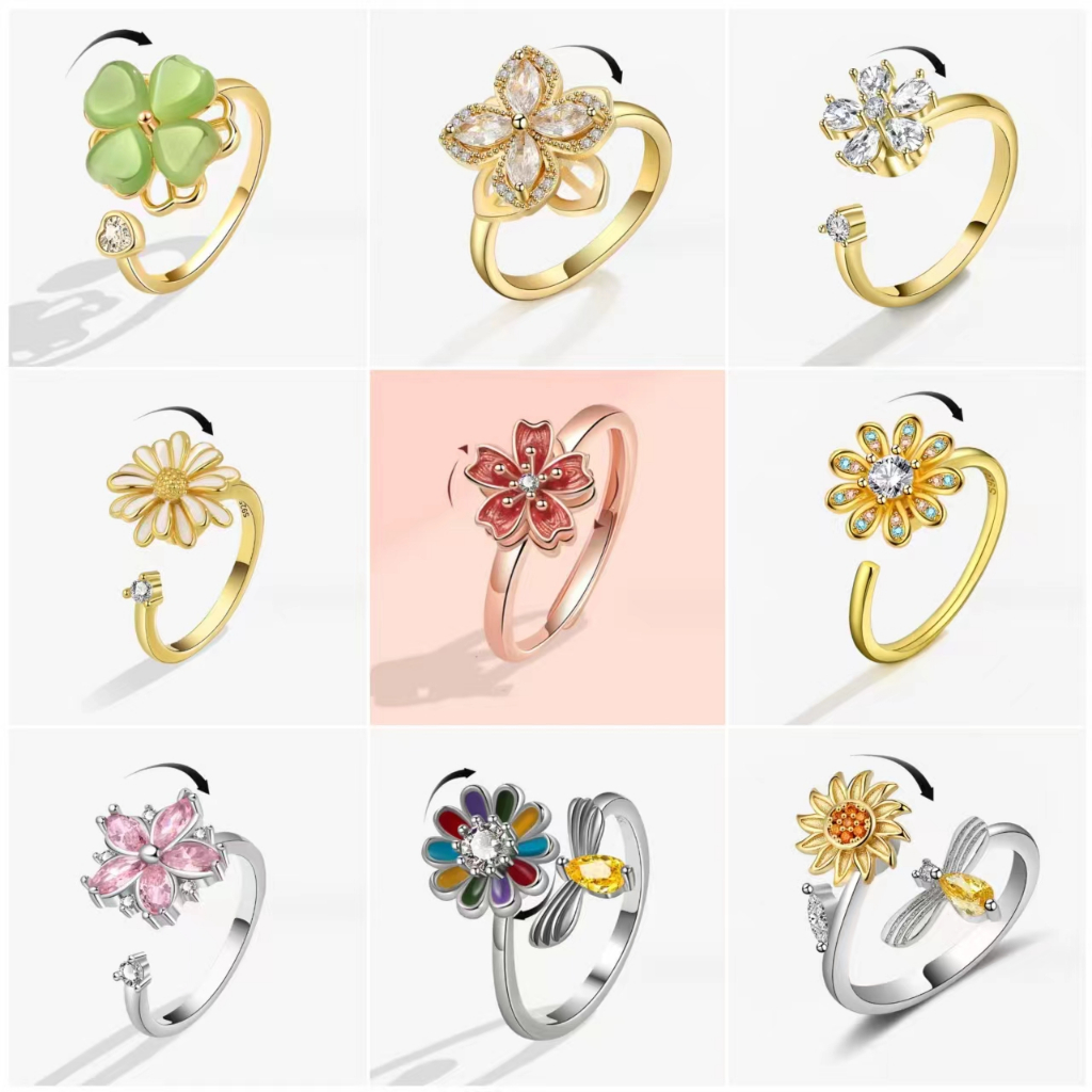 Adjustable Small Flower Rotating Ring With Diamonds Simple And ...