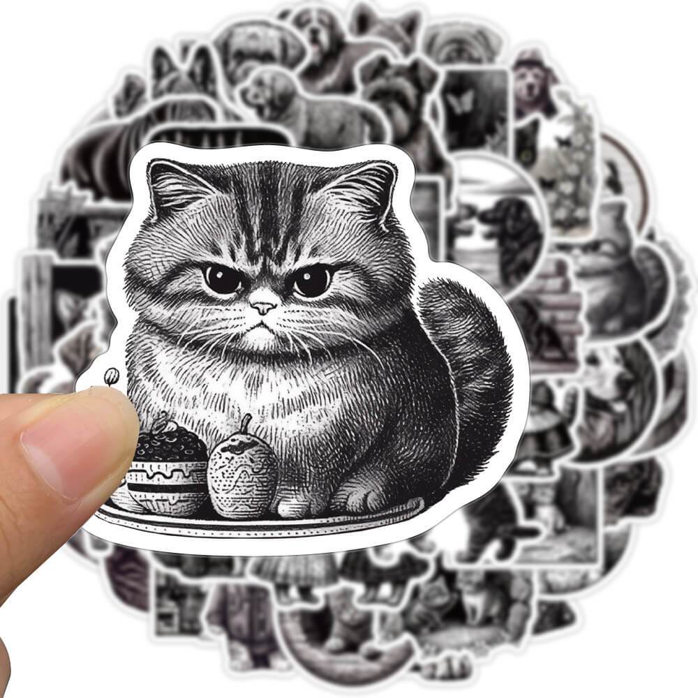 [Large sticker]50Pcs Cartoon Black and White Printmaking Animals ...