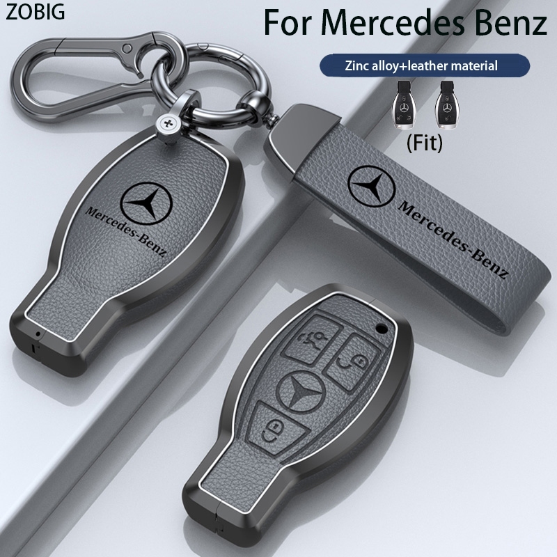 ZOBIG New Zinc alloy+leather Key Fob Cover for Benz Car Key Case Shell ...