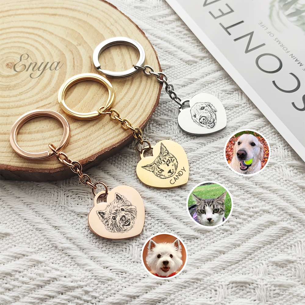 Customized Pet Portrait Keychain Photo Engraving Key Ring Dog/Cat ...