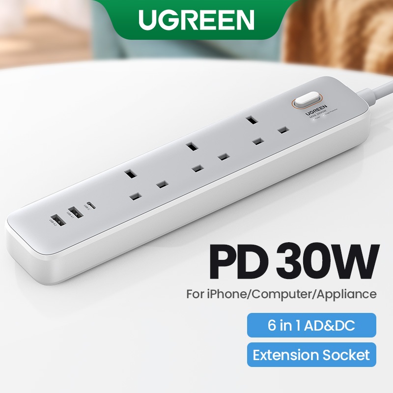 Ugreen PD30W 6-in-1 USB-A USB-C Fast Charging Extension Socket with 2m ...