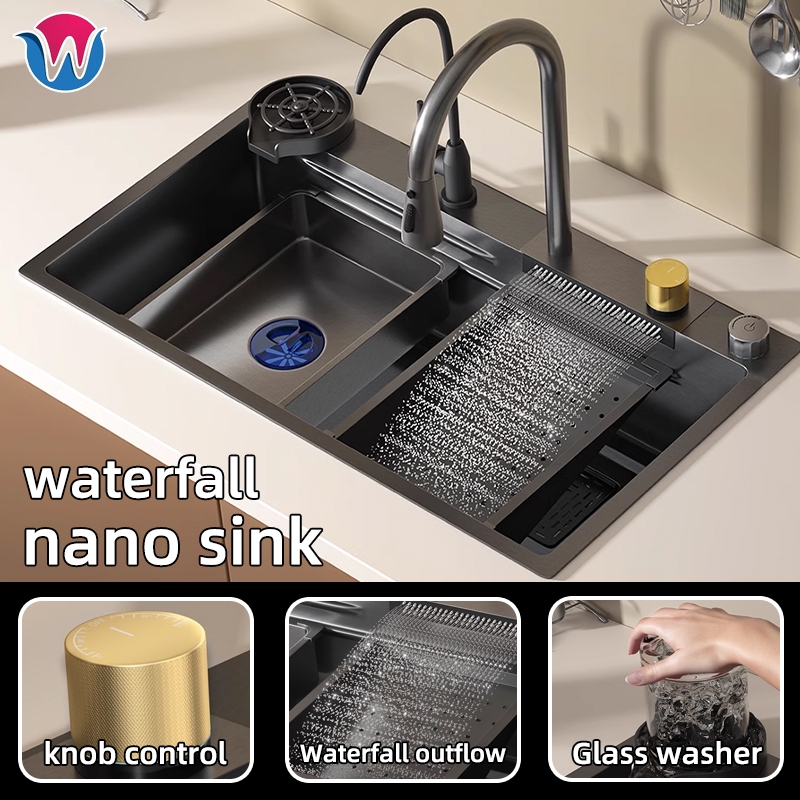 Black Nano Kitchen Sink 304 Stainless Steel Waterfall Basin Single Bowl ...
