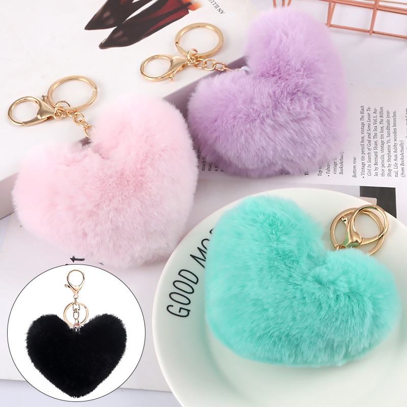 1pc Love Heart Key Rings Women Fur Fluffy Plush Ball Handbag Decoration ...