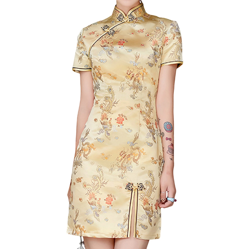Dragon print dress cheongsam mini slim dress traditional Chinese formal ...