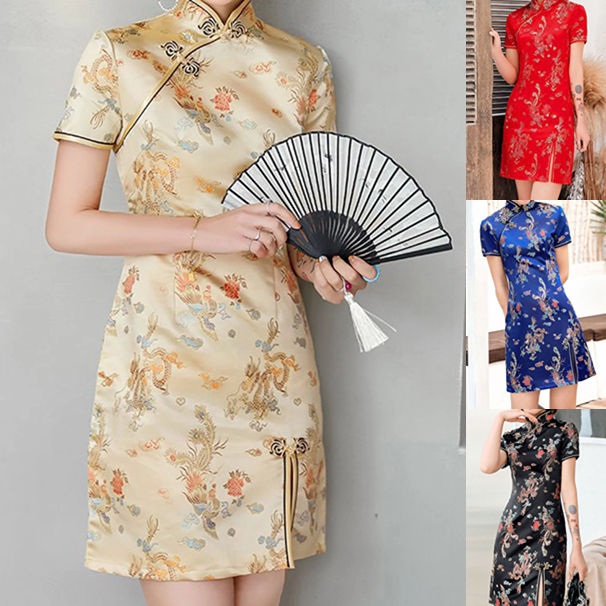 [New Year] Cheongsam, side slit, dragon phoenix pattern, Chinese style ...
