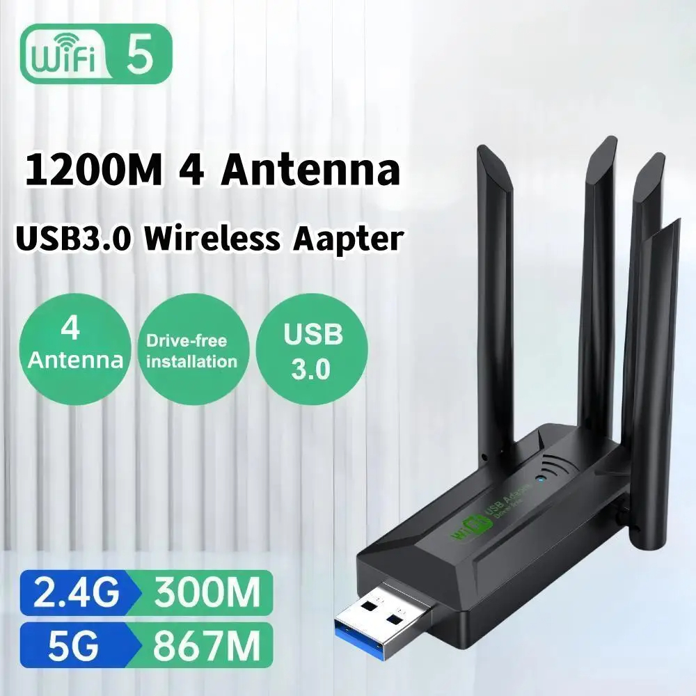 1200Mbps USB Wifi Adapter 4 Antenna USB Network Card Wireless Long Range Dual Band 5GHz USB 3.0 ...