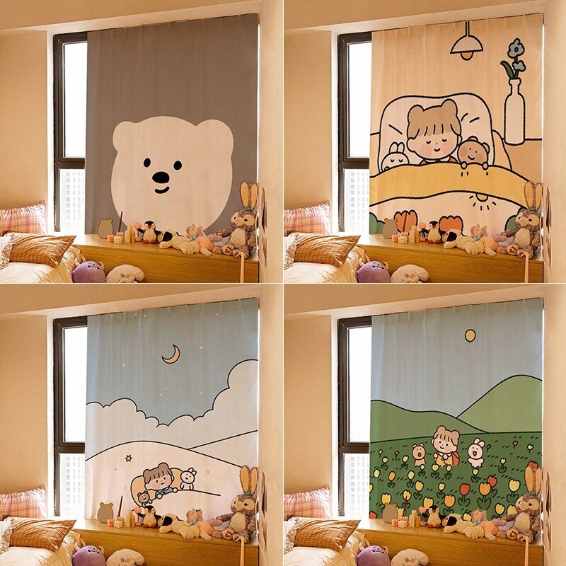 Cartoon Printed Curtains Punch-free Soft Blackout Window Curtain Self ...