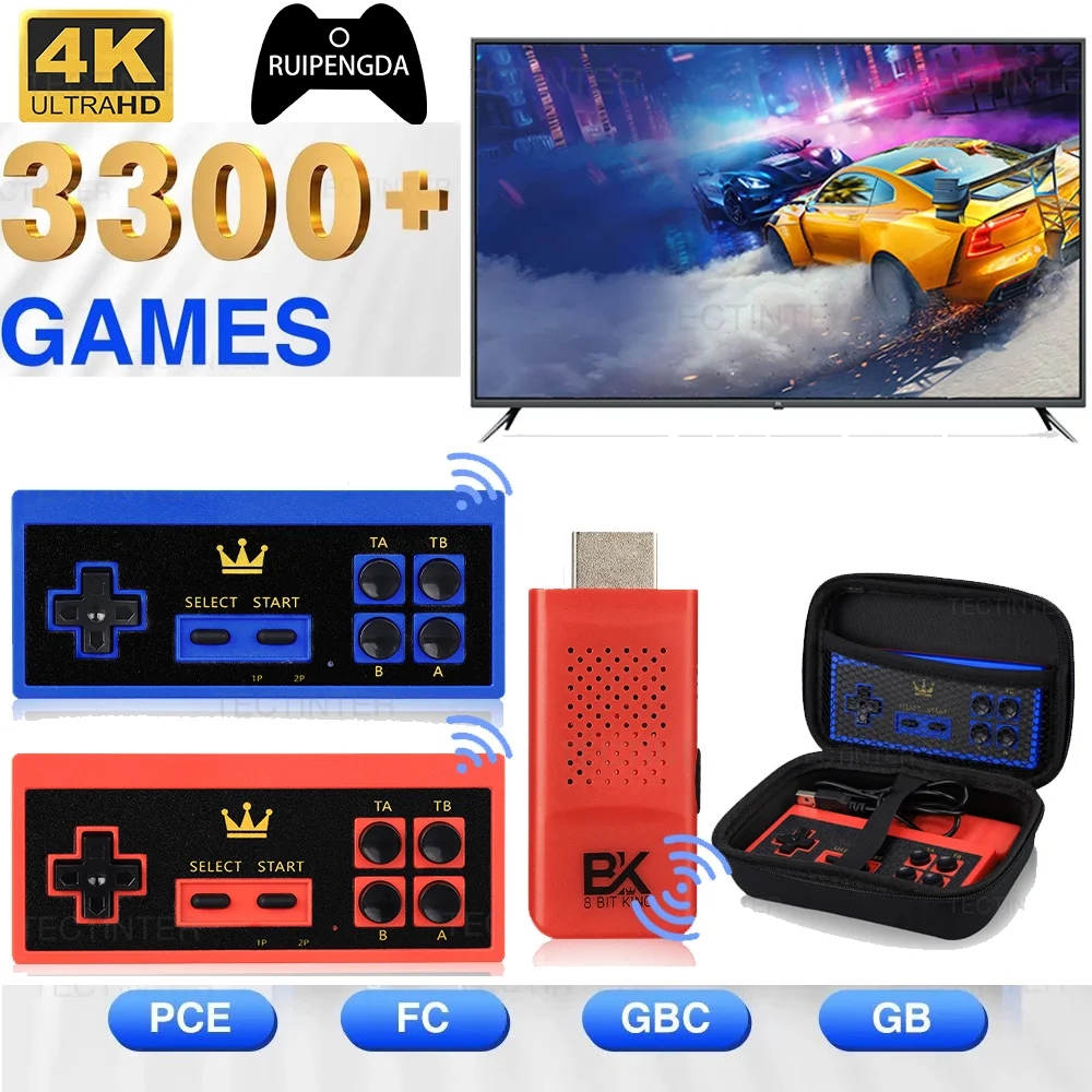 4K TV Game Stick 8 Bit King HD Video Game Console Built In 3300+ Games For PCE FC GBC GB ...