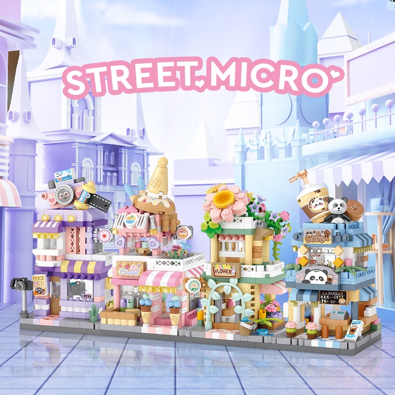 4 Style Street View Building blocks Panda Cafe/Photo Studio Florist Ice ...