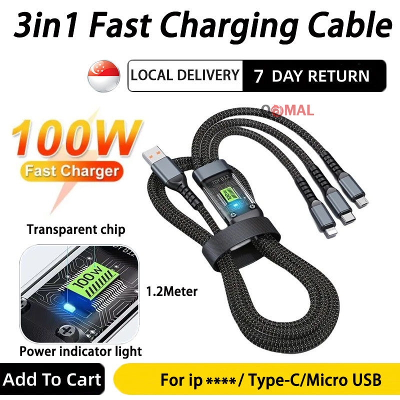 100W 5A 3 In 1 Fast Charge Cable Micro USB Type-C Multiple USB Data ...