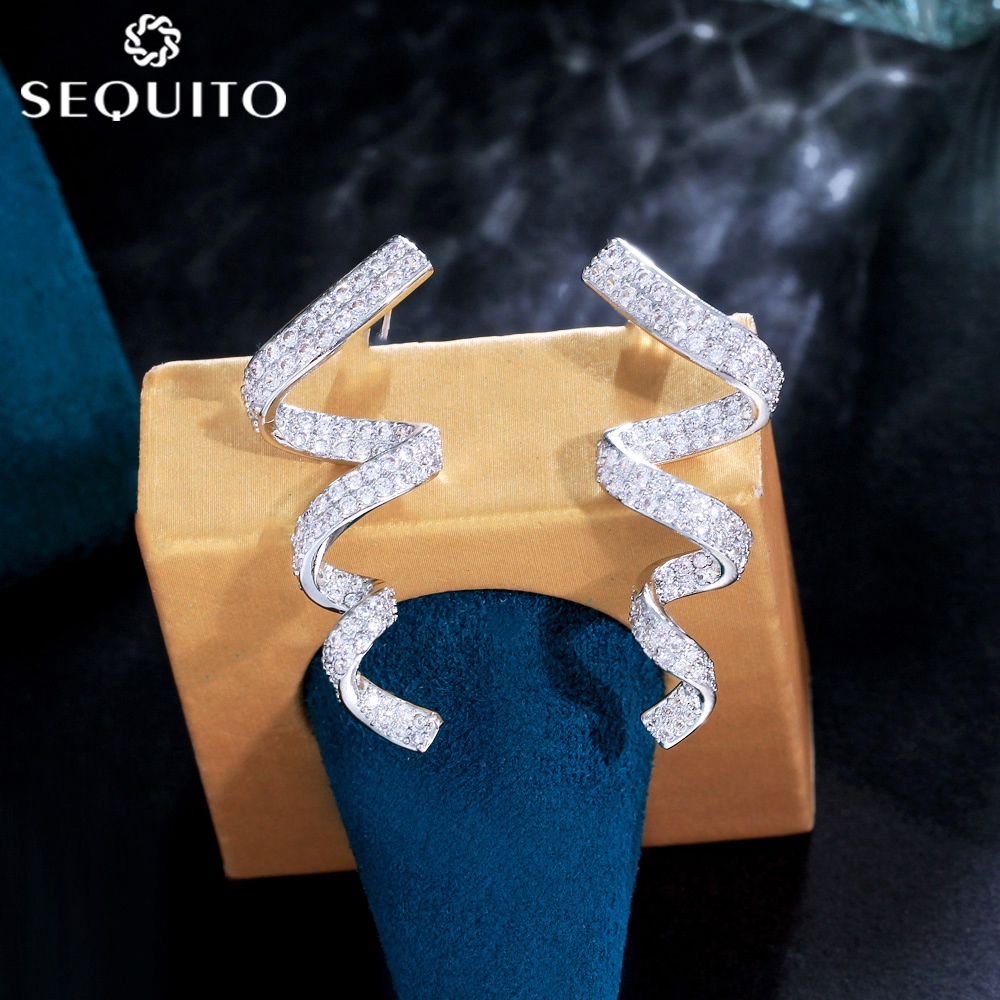 SEQUITO Trendy Women Geometry Big Long Stud Earrings Inlaid Tiny White ...