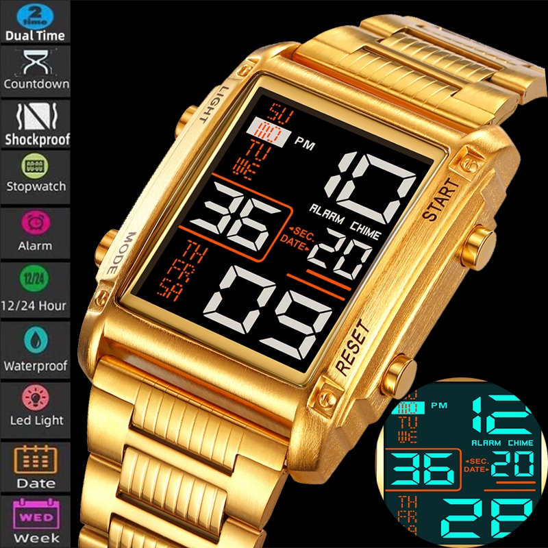 Skmei Men's Dual Time Countdown Luxury Stainless Steel Strap Hardness Glass Dial Led Waterproof ...