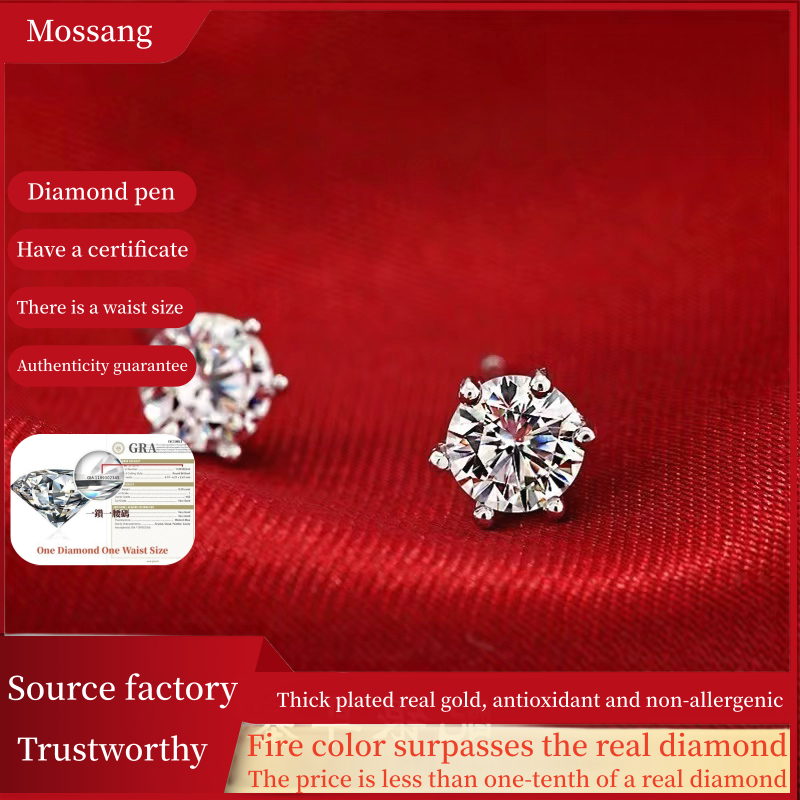 [Source Factory] 100% Genuine Moissanite Strobe Six-Claw Earrings Sterling Silver Thick Platinum ...