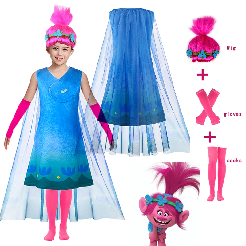 Girls Poppy Dress Cosplay Costume Christmas Carnival Trolls and Wig ...