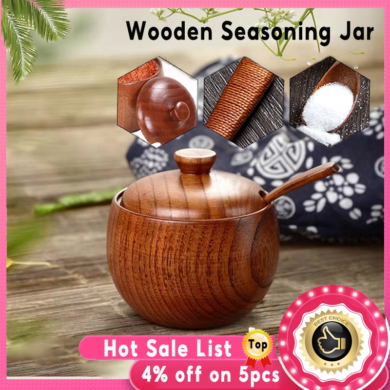 Natural Wooden Salt Cellar Box Spice Jar Sugar Bowl Pepper Box Salt Seasoning Container Storage ...