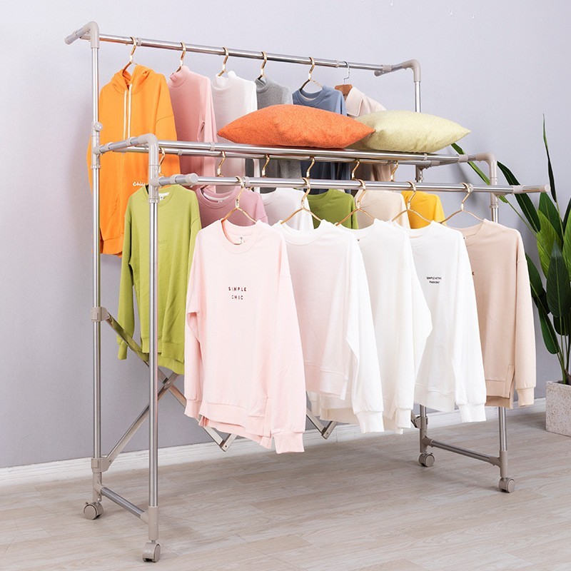 Big Clothes Rack with Wheels Double Rails Clothing Rack Rolling Rack ...
