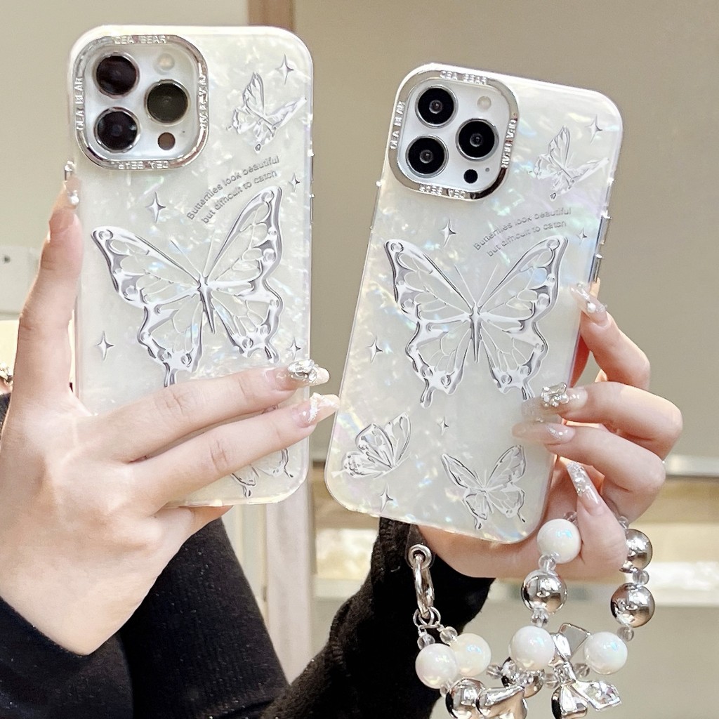 【Hot】Electroplated Silver Metal Frame Flapping Butterfly Pattern Phone ...