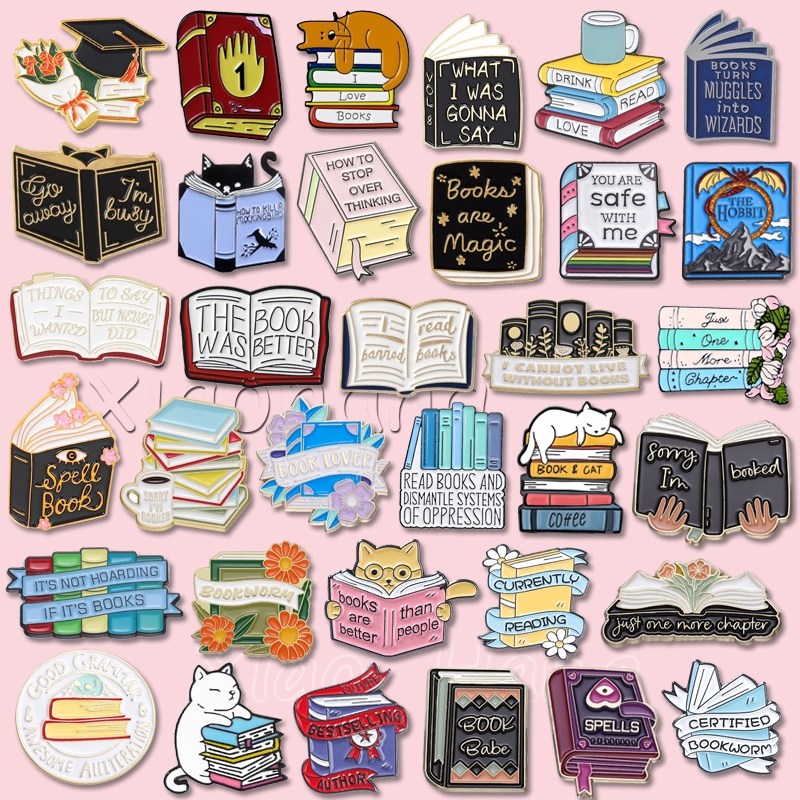 Cartoon Book Enamel Pins Brooches Books Reading Loves Brooch Metal Text ...